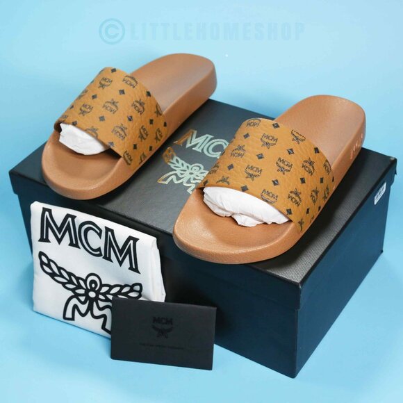 MCM | Shoes | New Mcm Monogram Print Rubber Slides Cognac Eu37 Us7 ...